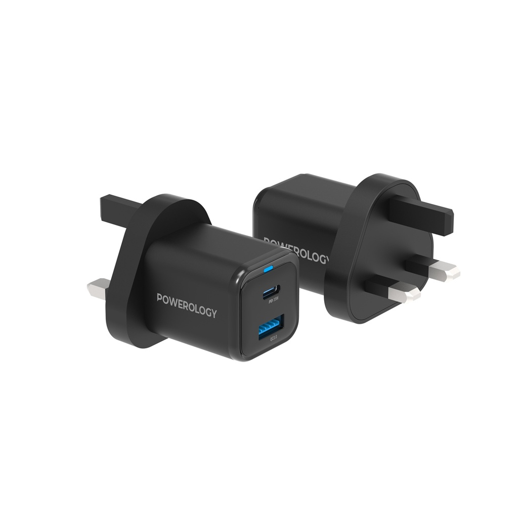 Powerology 35W PD QC 1xUSB-C 35W and 1xUSB-A 18W GaN Charger UK-Black