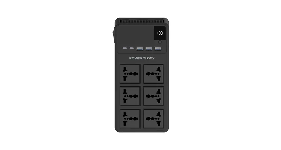 Powerology 2500W 6AC Power Strip with Built-In Retractable Cables - Bl